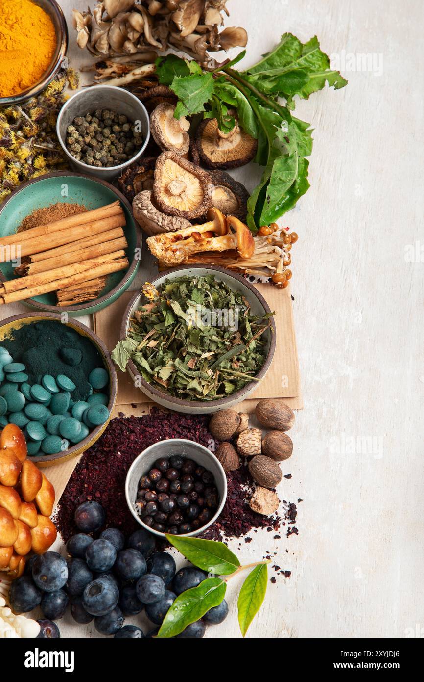 Adaptogen healthy food. Herb and spice collection on light background ...