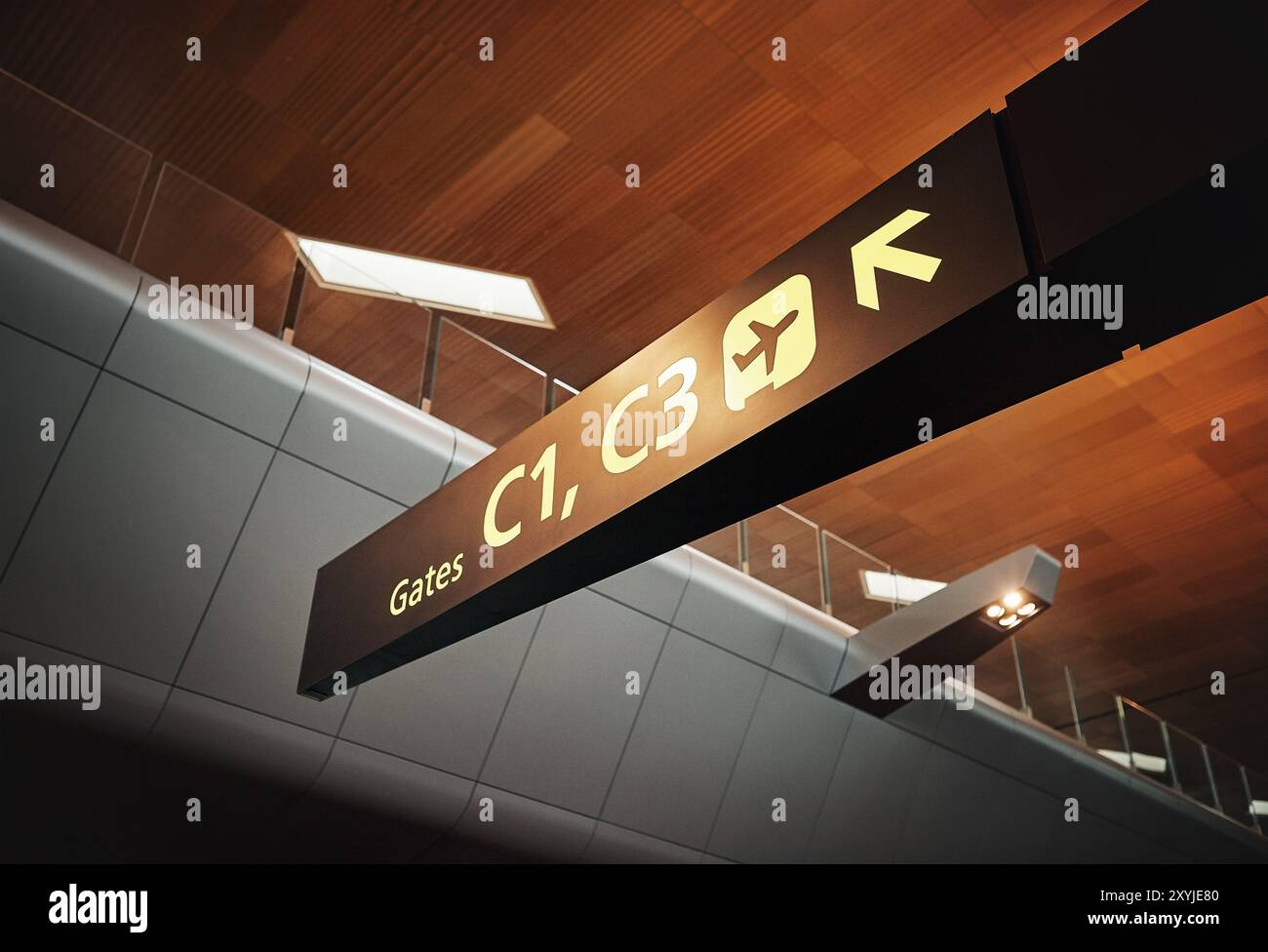 Empty, airport and signage with direction for departure, arrival or ...
