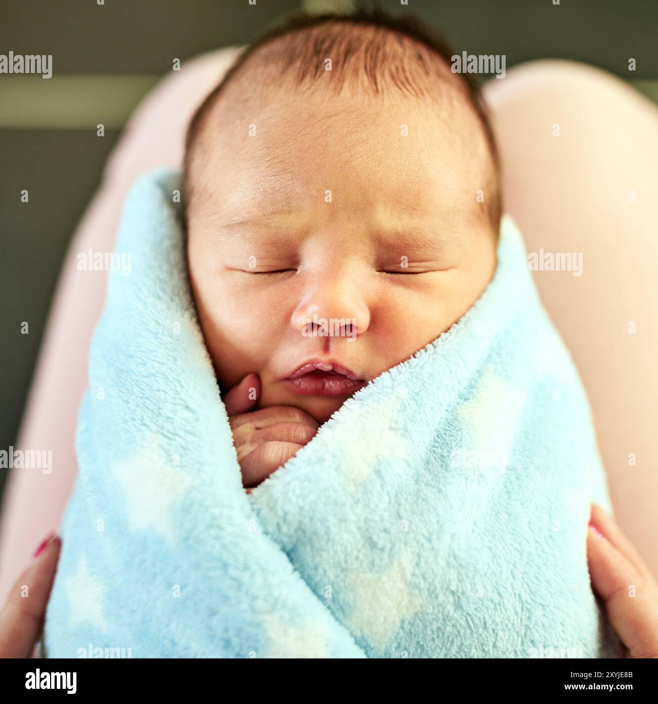 Parent, legs and newborn baby in home, sleeping and support child for ...