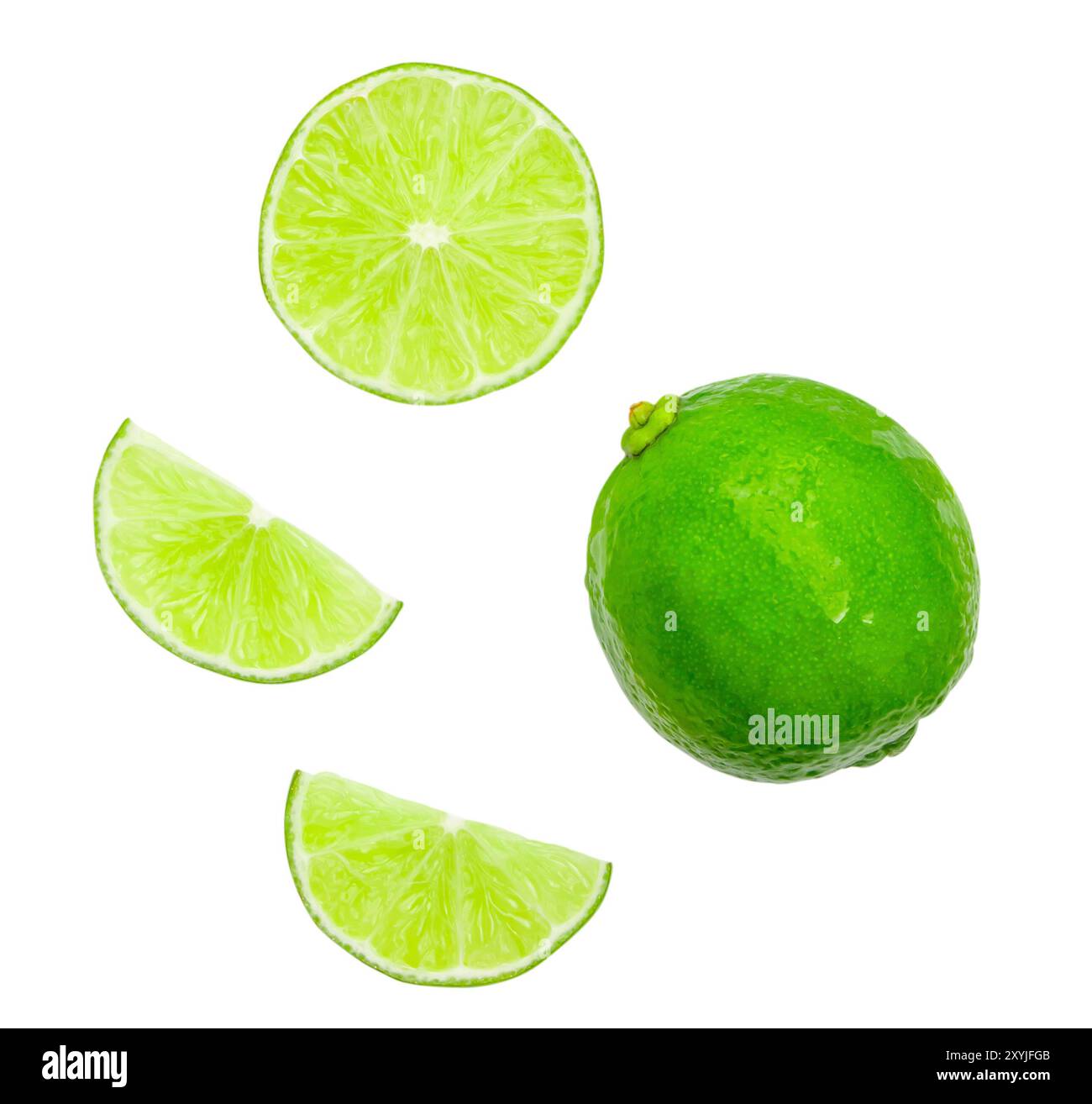Top view set of fresh green lemon fruit with half and slices or quarters is isolated on white ...
