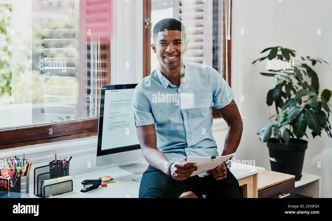 Portrait, African man and office with paperwork, smile and project ...