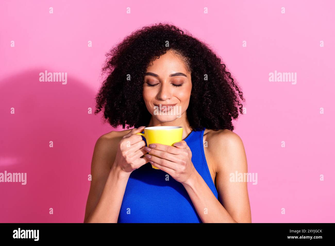 Photo of girl with closed eyes hold coffee cup enjoy smell scent aroma ...