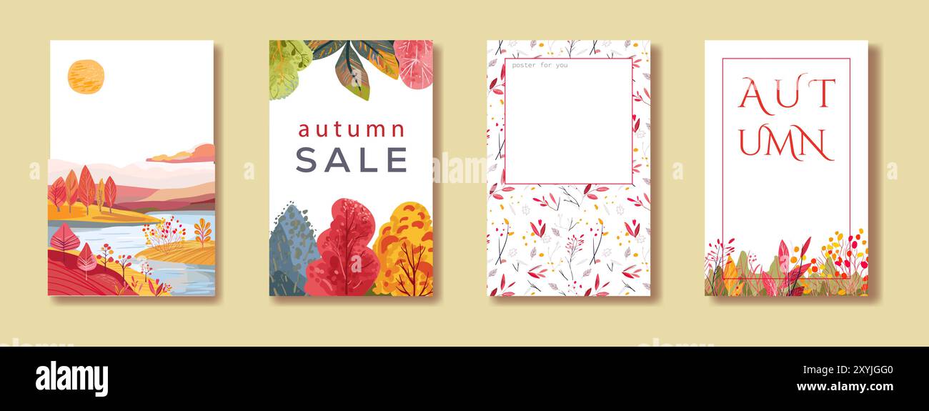 A set of vertical posters with autumn cards. Landscape hills. Nice ...