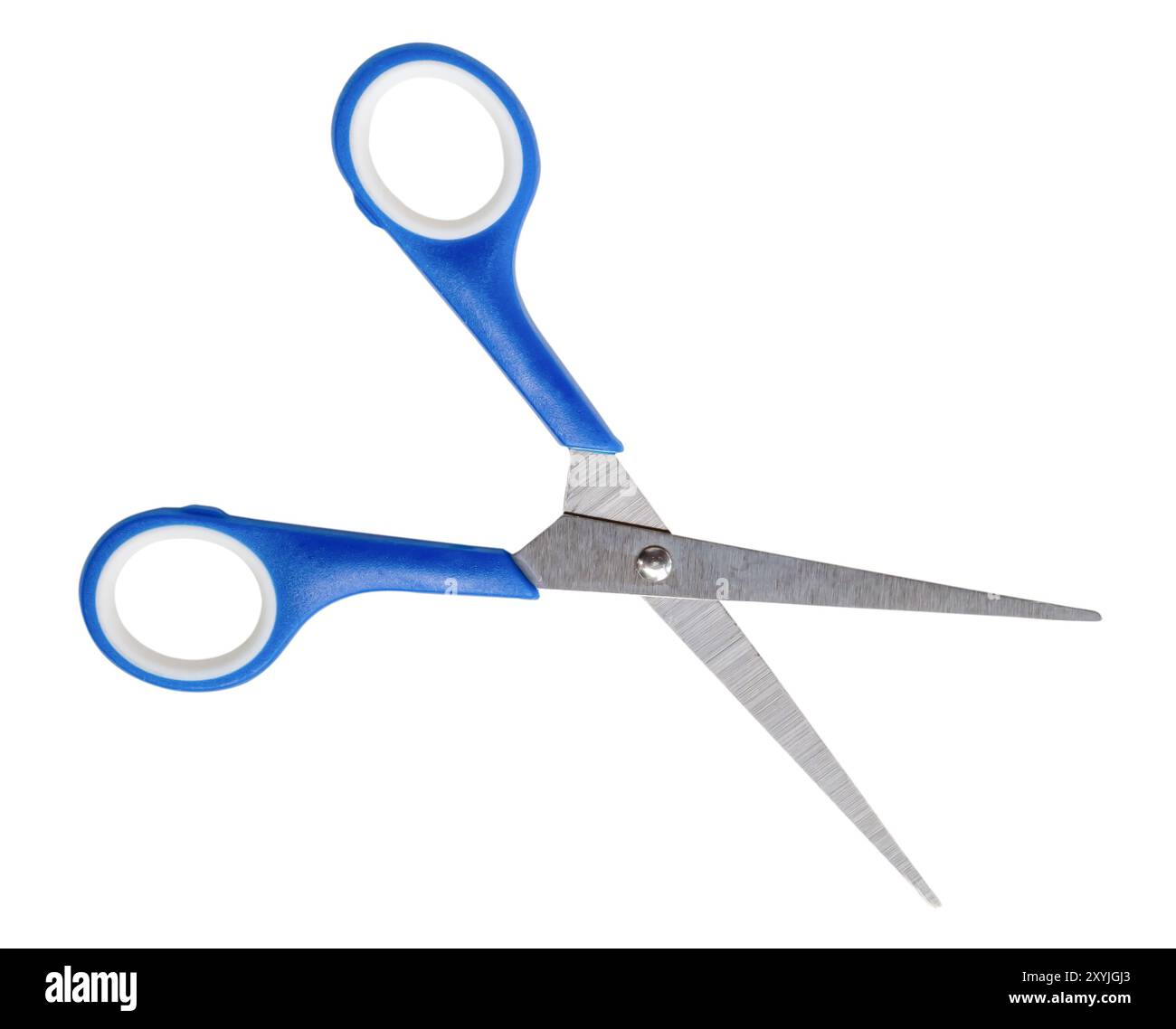 Small multipurpose scissors with blue handle is isolated on white ...