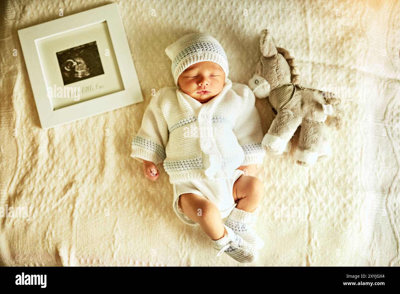 Teddy bear, newborn and baby on bed for sleeping, nap or relaxing in ...