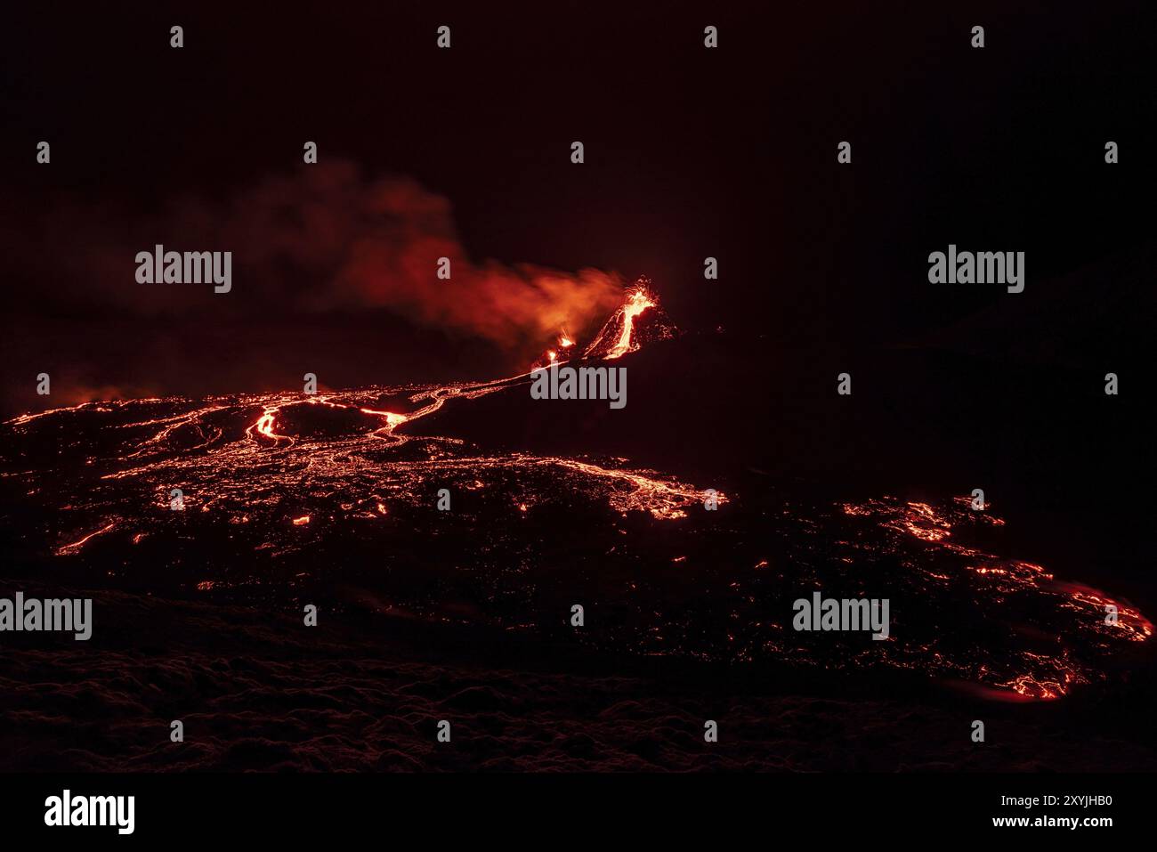 Fagradalsfjall volcanic eruption at night in Reykjanes peninsula around ...