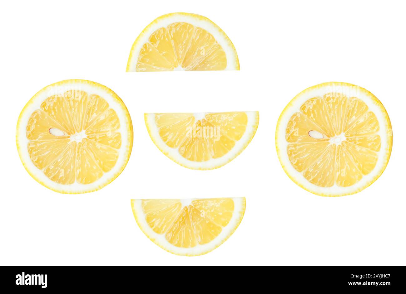 Top view set of fresh yellow lemon in halves and slices is isolated on ...