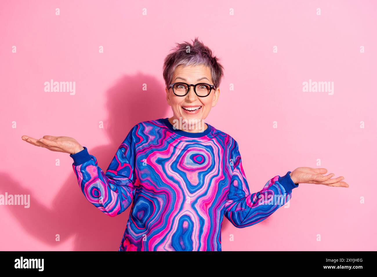 Photo portrait of pretty retired female shrug shoulders compare empty ...