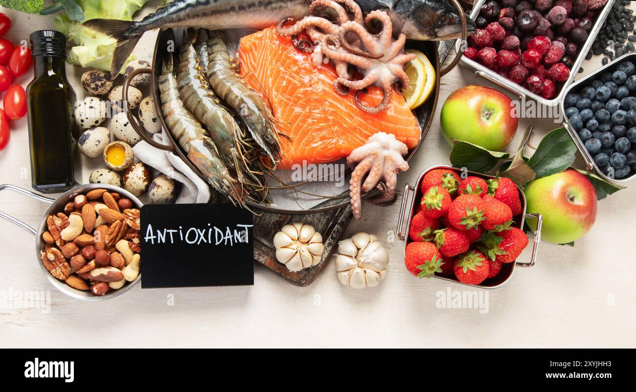 Healthy food selection on light background. Detox and clean diet ...