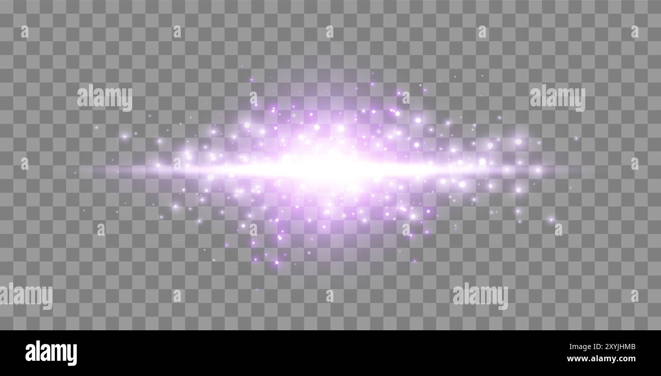 Purple horizontal lensflare and particles. Light flash with rays or ...
