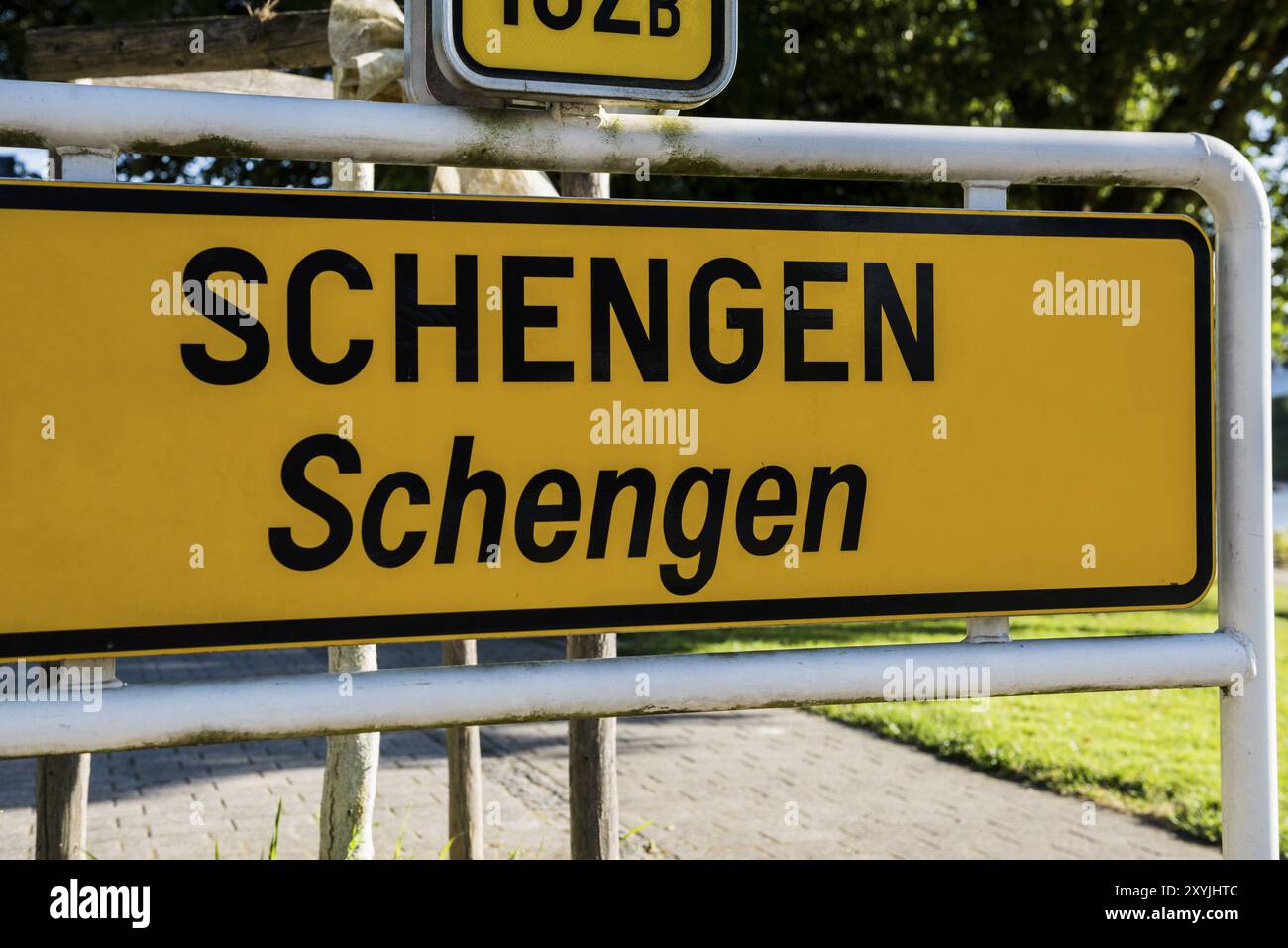 Road sign, Schengen lettering, Schengen, Canton of Remich, Luxembourg ...