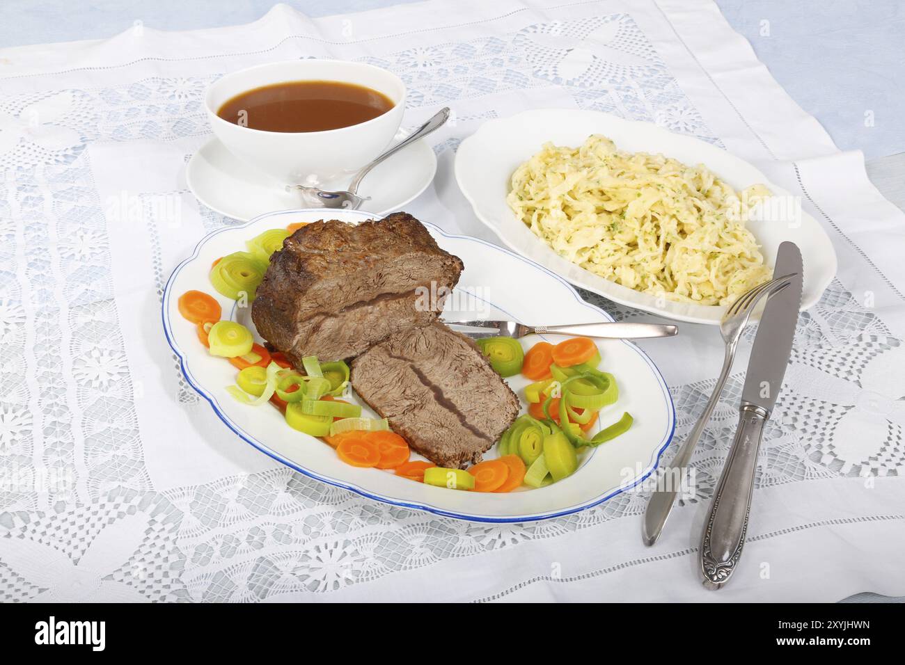Swabian cuisine, roast beef, roast ox, herb spaetzle, meat dish, gravy ...