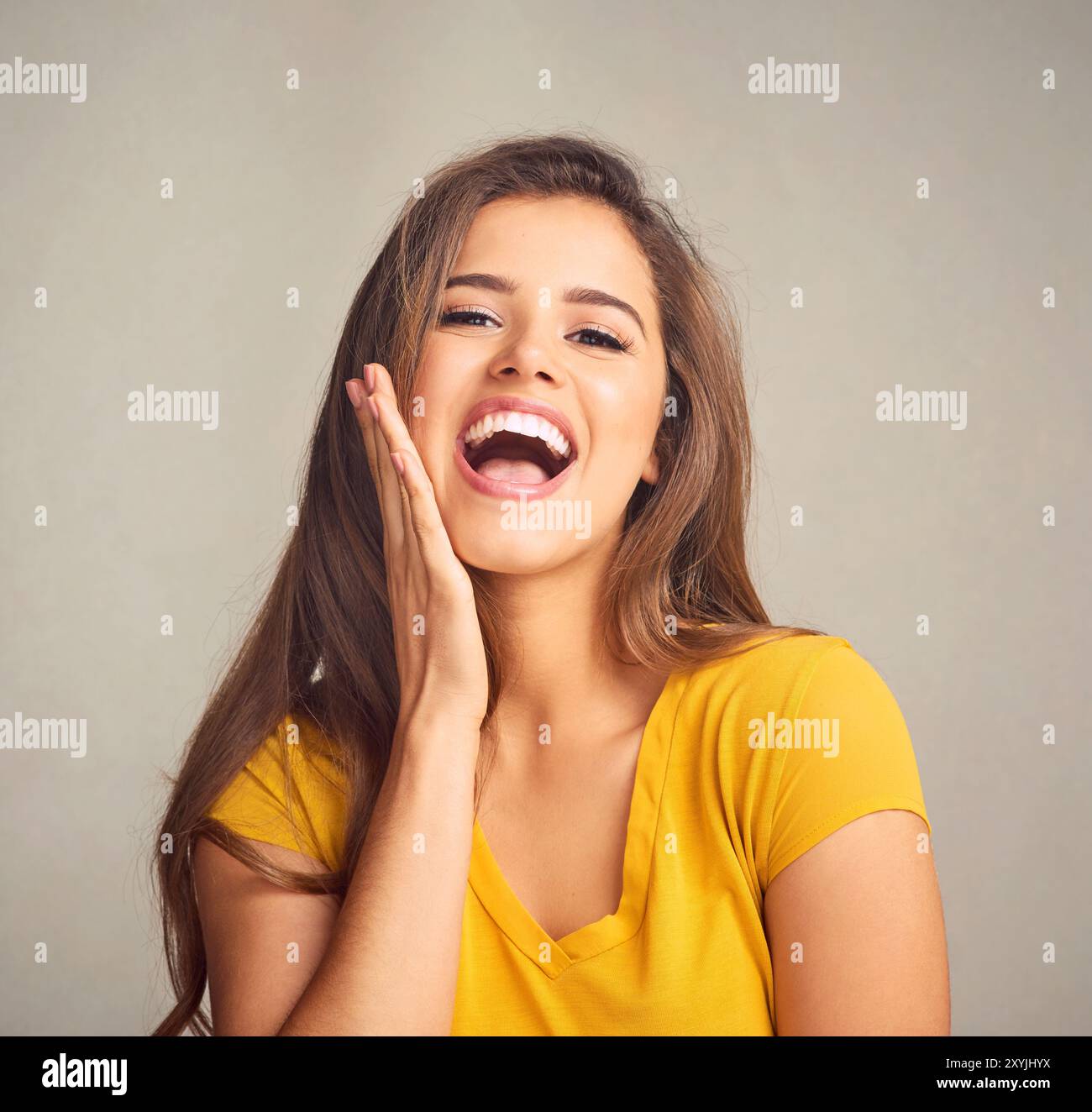 Studio, excited and woman in portrait for shock, omg and mind blown ...