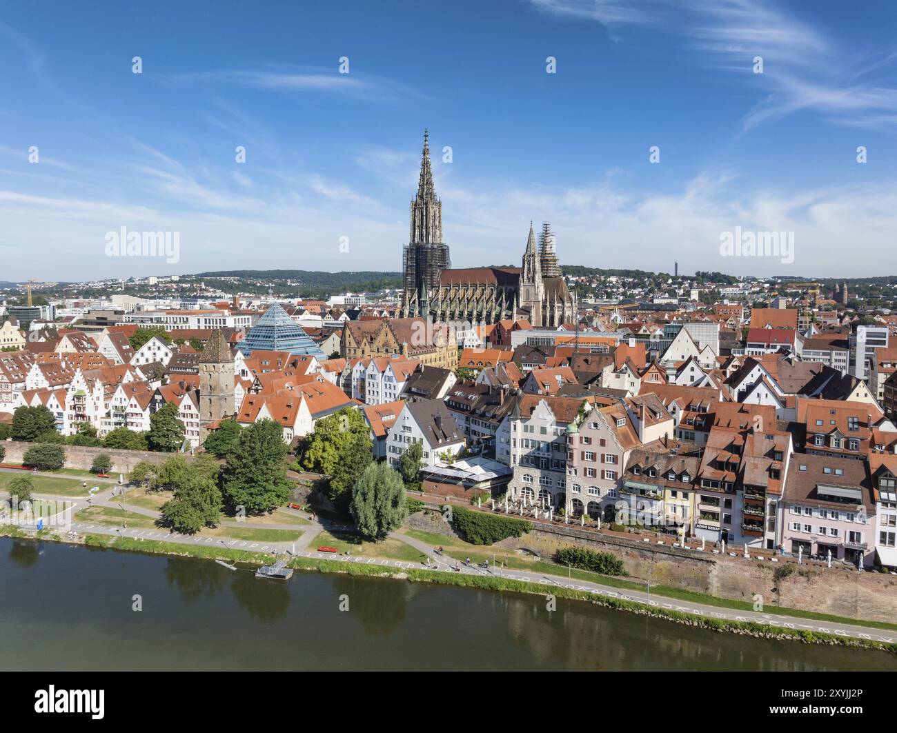 Aerial view of Ulm's historic city centre with the Danube and the ...