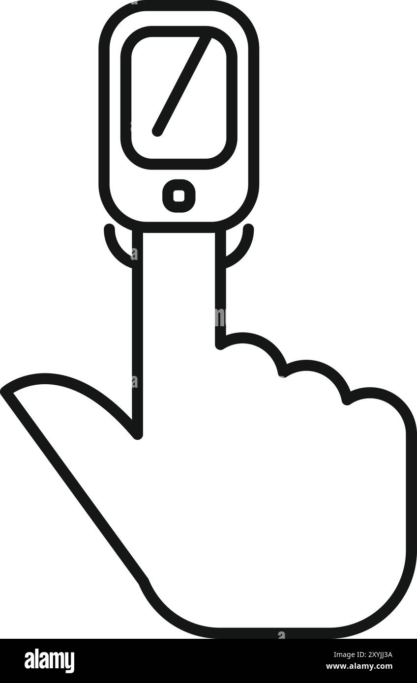 Simple outline icon of a hand holding a pulse oximeter measuring blood ...