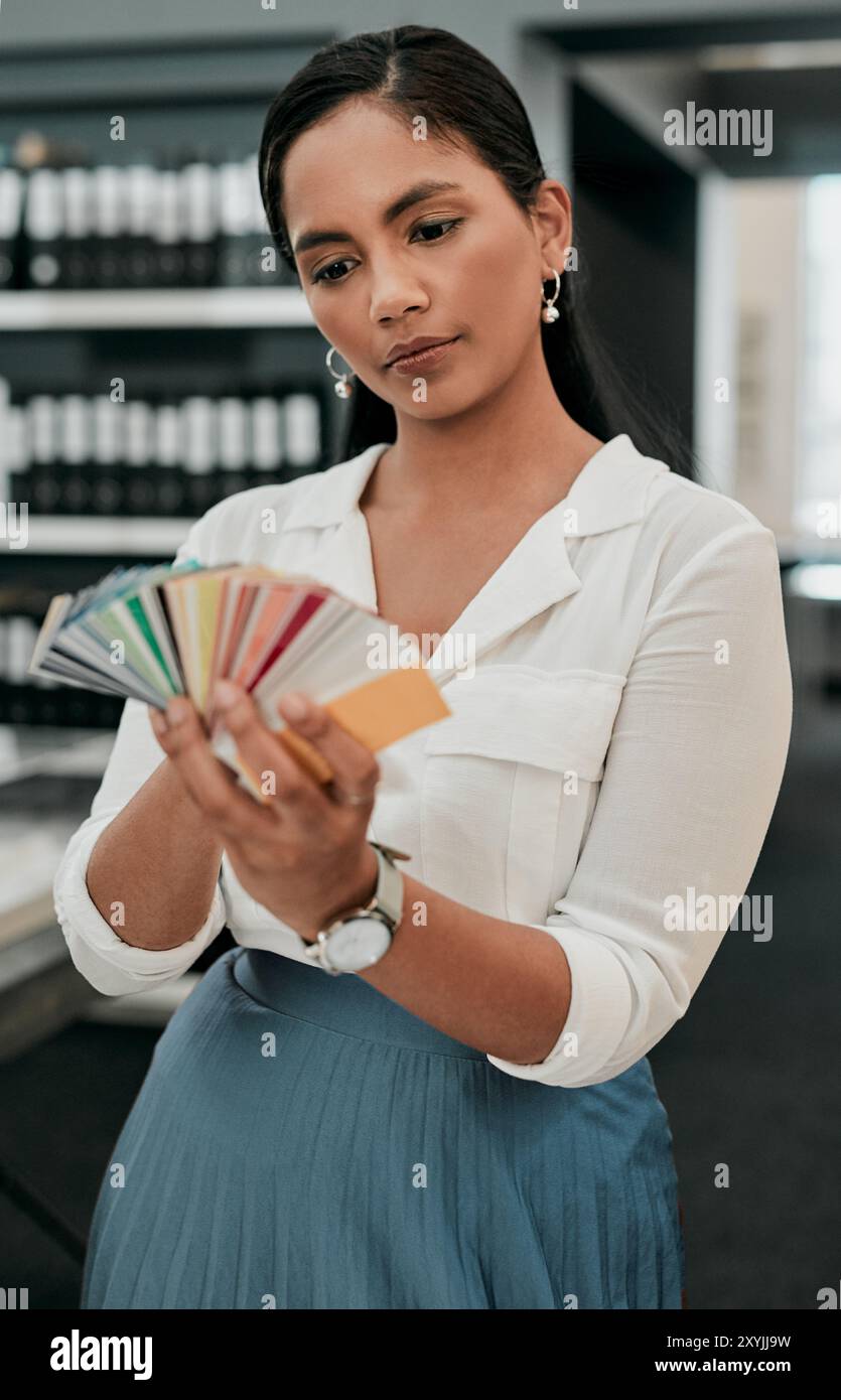 Thinking, architecture and woman with color swatch in office for ...