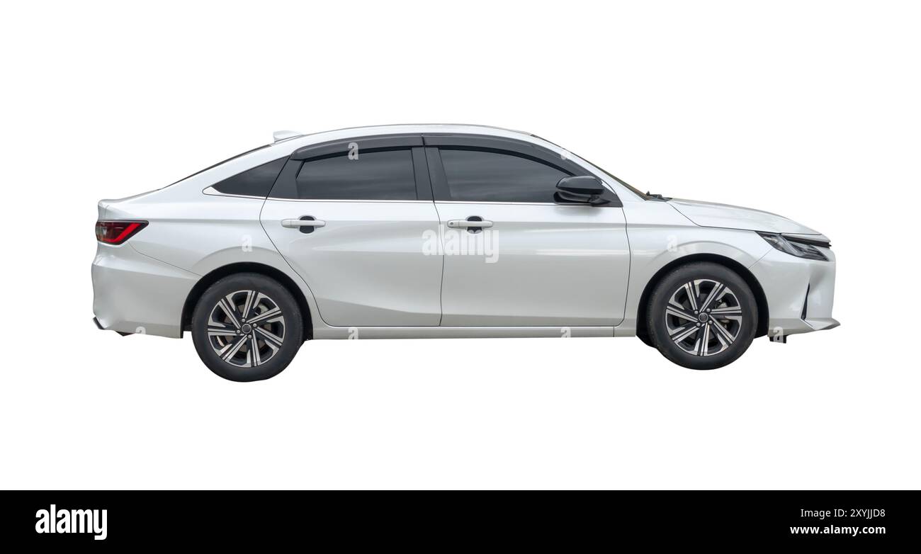 Side view of white sedan car is isolated on white background with ...
