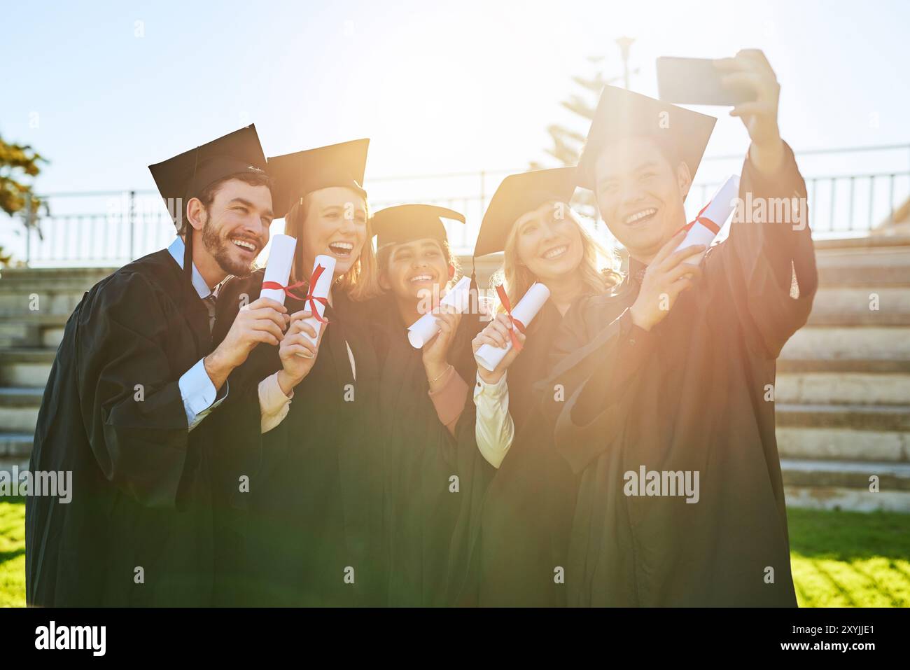 Education, graduation and selfie of student friends outdoor on campus ...