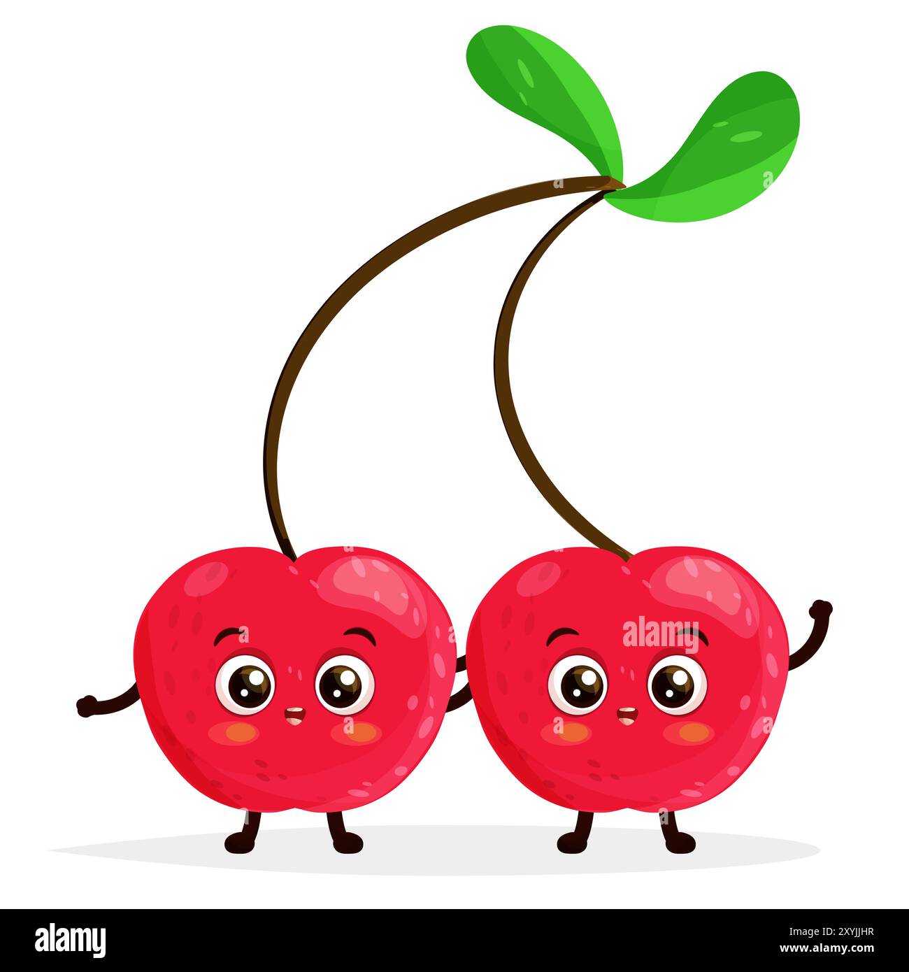 Cartoon characters red happy cherries with green leafs standing and ...