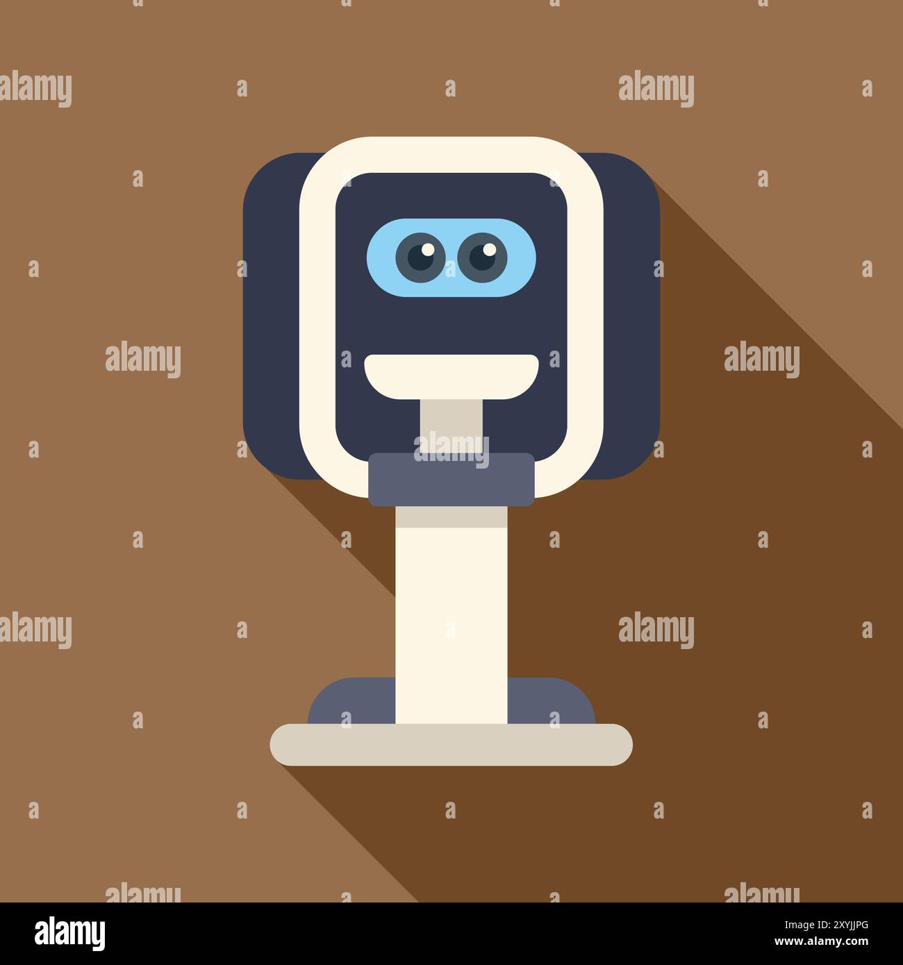 Vector illustration of a cute smiling robot standing on a podium with a ...