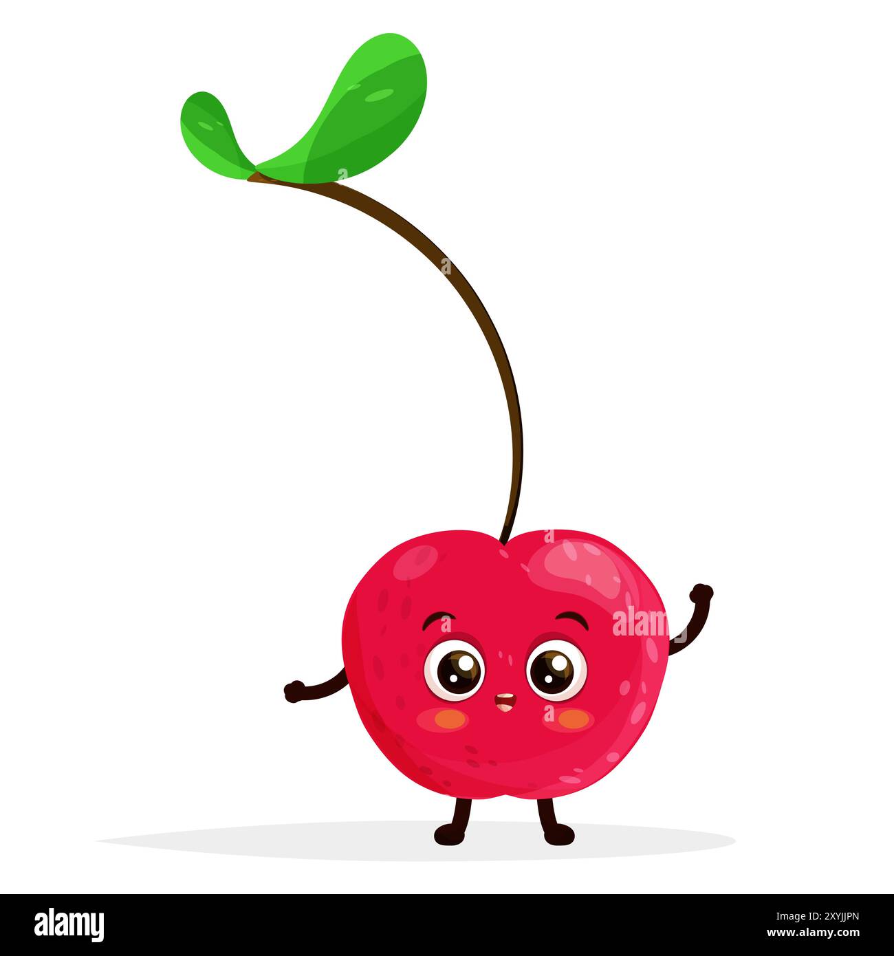 Cartoon character red happy cherry with green leaf standing and waving ...