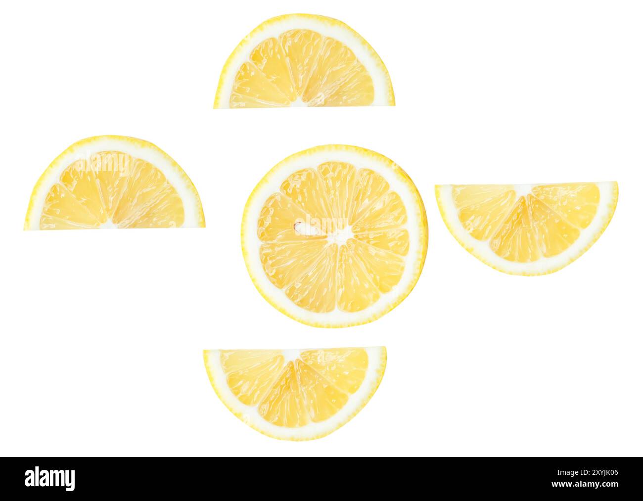 Top view set of fresh yellow lemon in halves and slices is isolated on ...