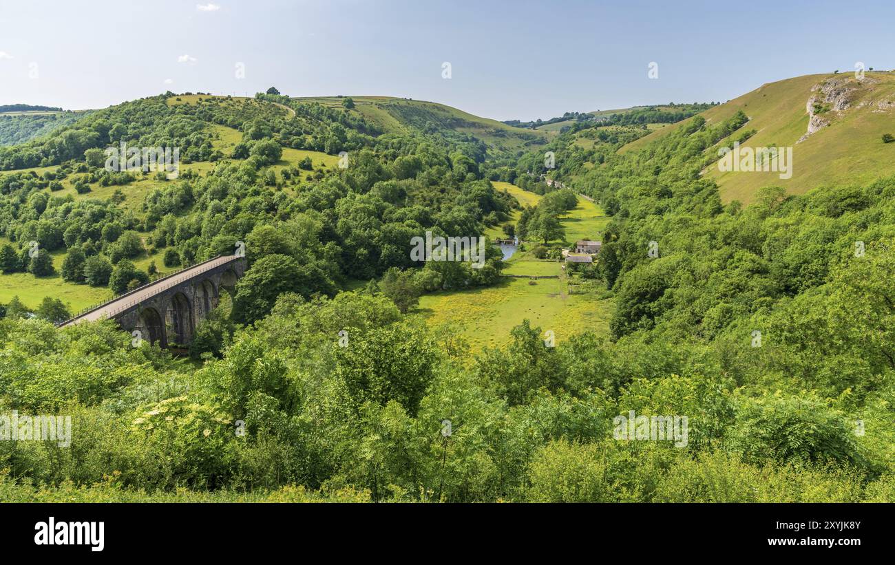 Peak District landscape with the Headstone Viaduct over the River Wye ...