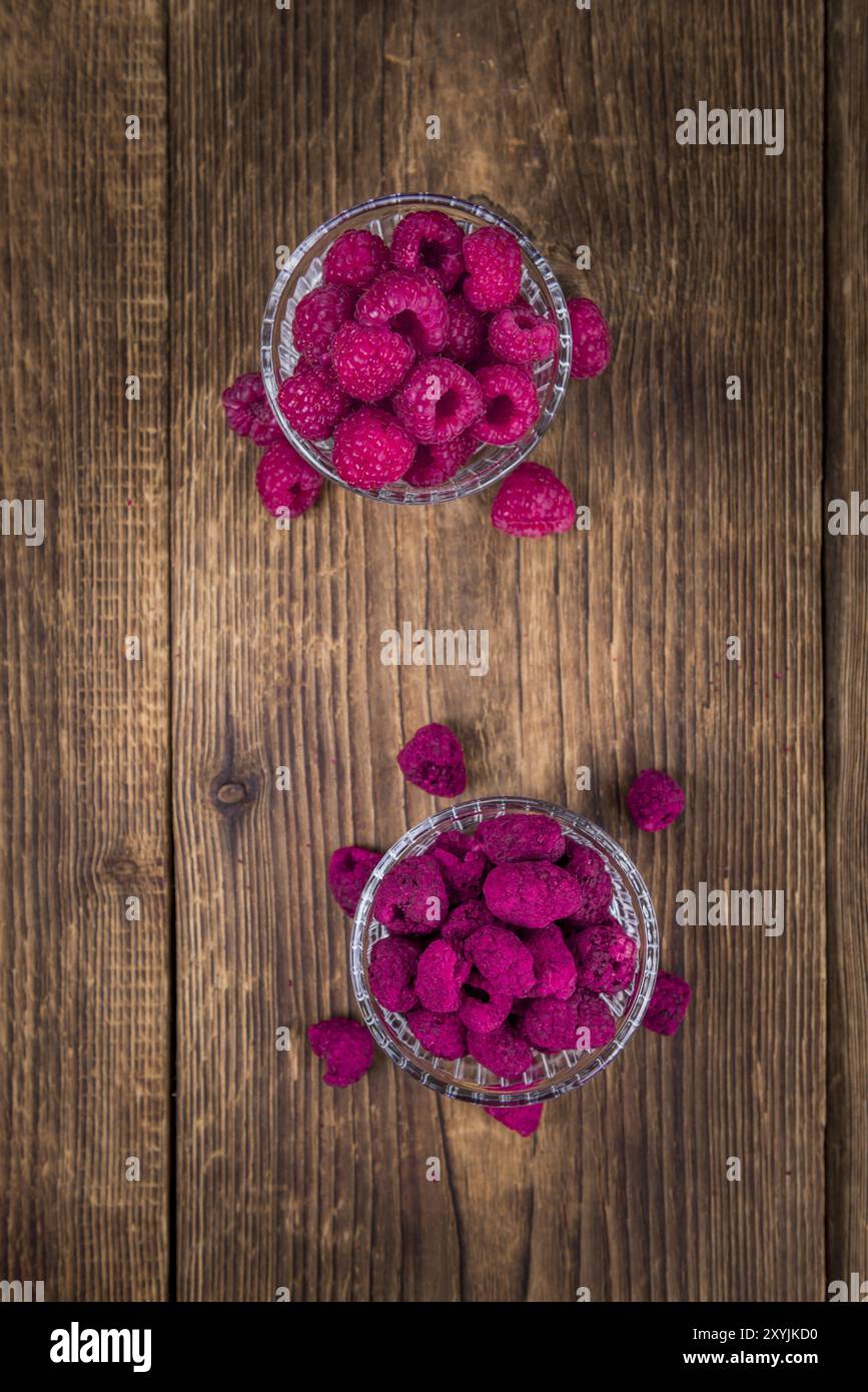 Dried Raspberries on a vintage background as detailed close-up shot ...