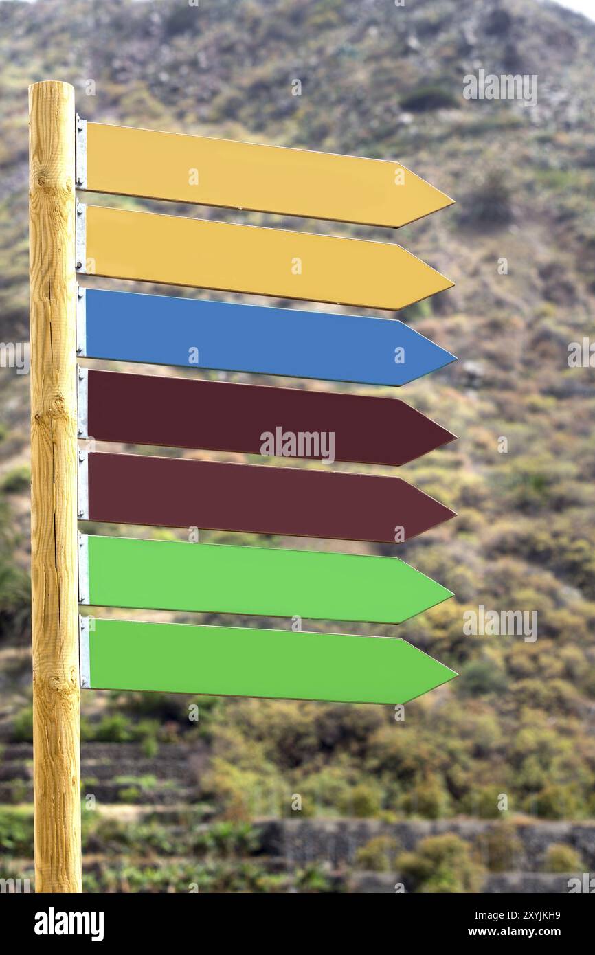 Colourful signposts point in one direction Stock Photo - Alamy