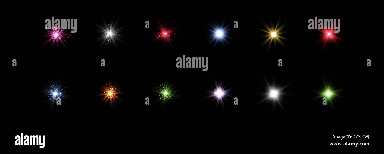 Different colors sunlight lens flare, sun flash with rays and spotlight ...