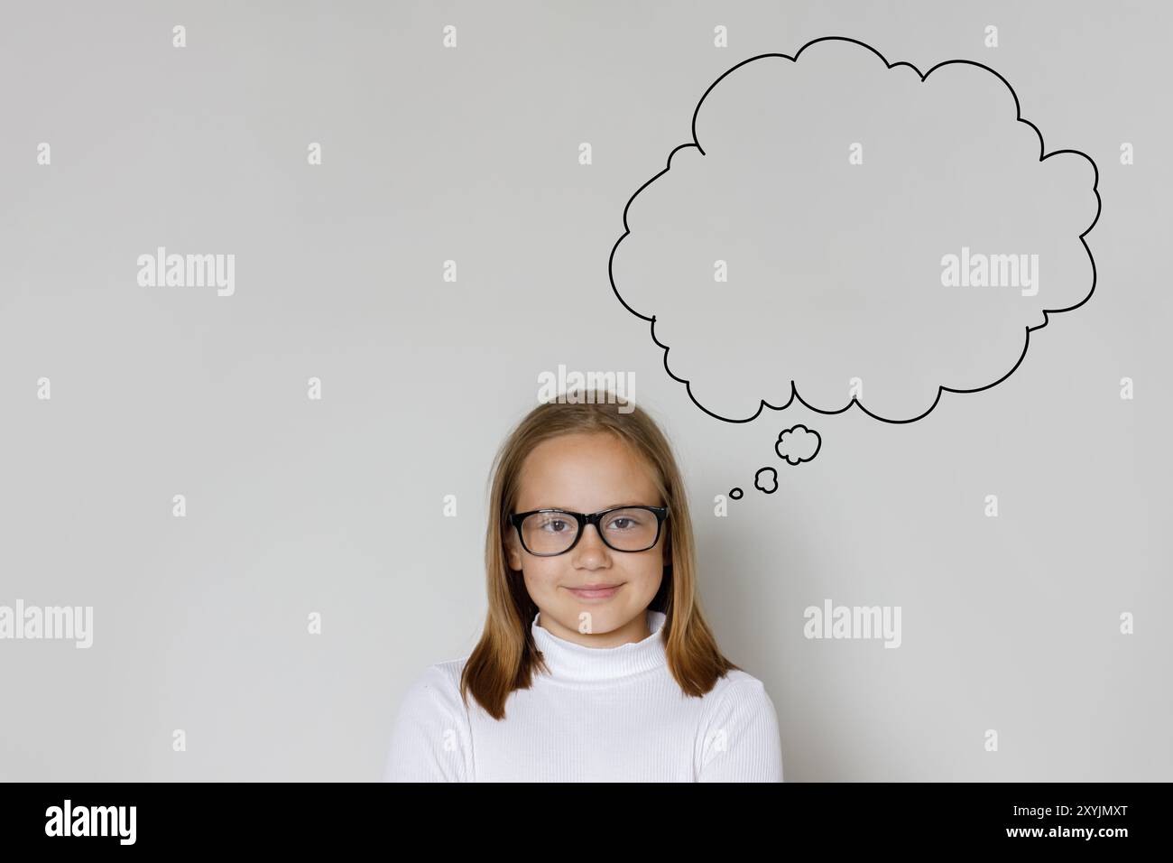 Clever child girl with thought cloud bubble above head thinking on white background Stock Photo ...