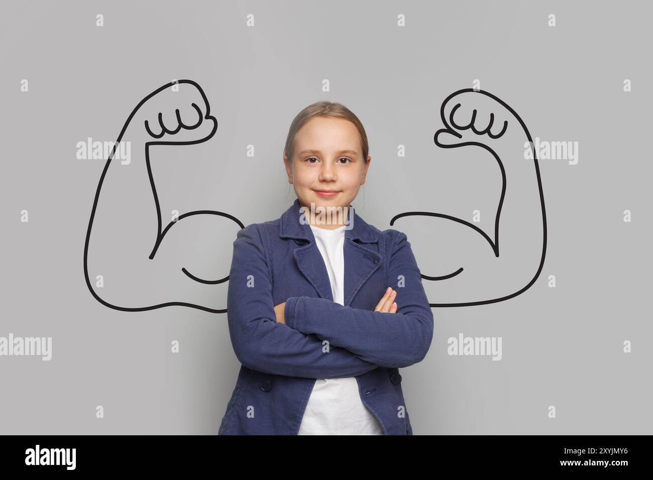 Strong little girl child with bicep muscles picture. Concept for ...