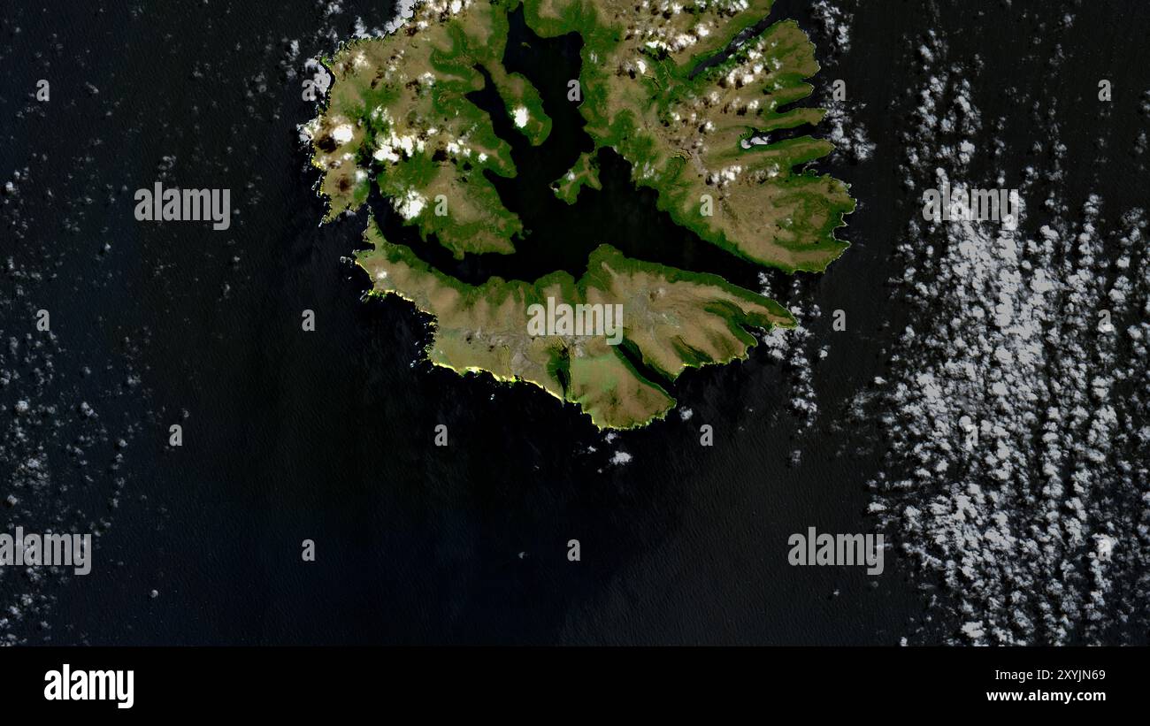 Adams Island in the Tasman Sea on a satellite image taken in February 3 ...