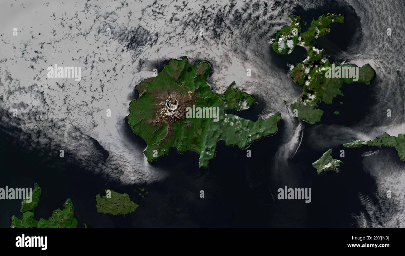Akutan Island in the Bering Sea on a satellite image taken in August 27 ...