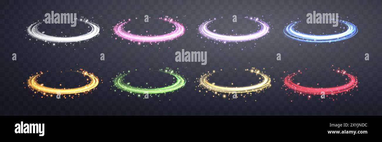 Glowing magic rings set. Neon realistic energy flare rings with ...