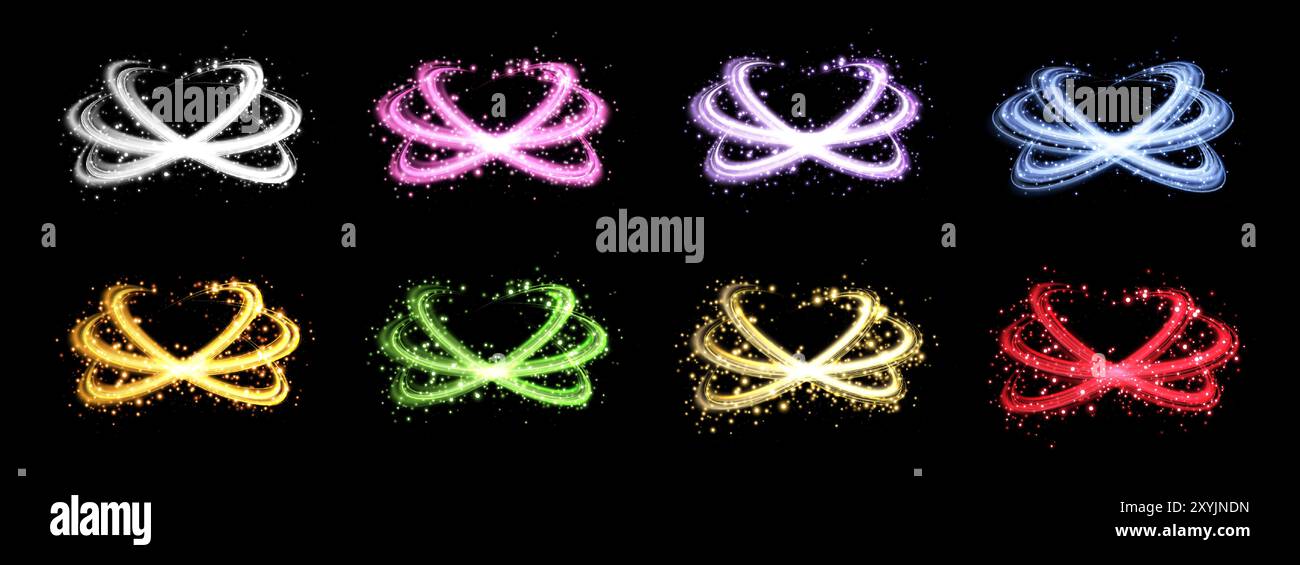 Glowing magic rings set. Neon realistic energy flare rings with ...
