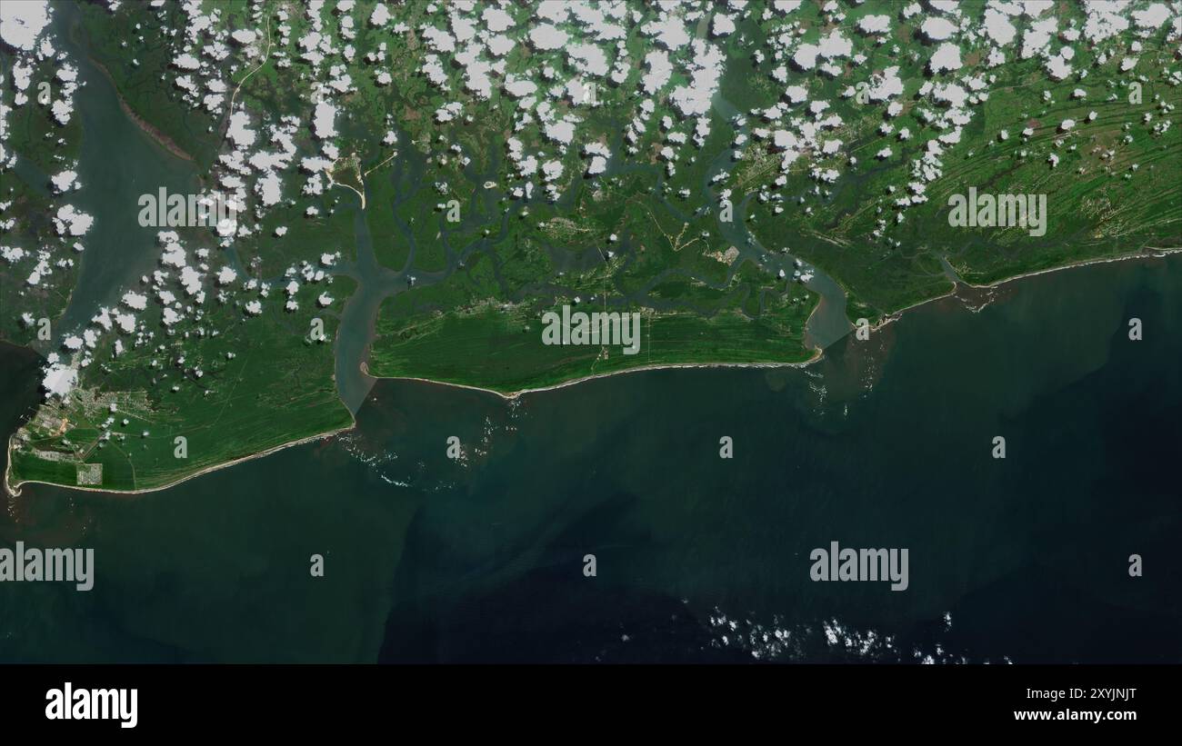 Andoni Island in the Gulf of Guinea on a satellite image taken in May ...
