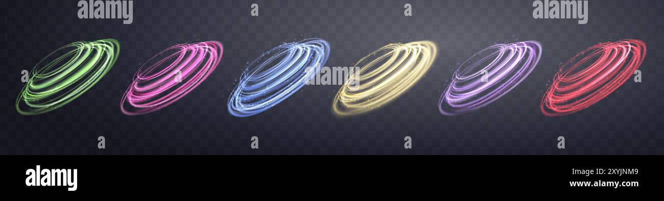 Glowing magic circles set. Neon realistic energy flare rings with ...