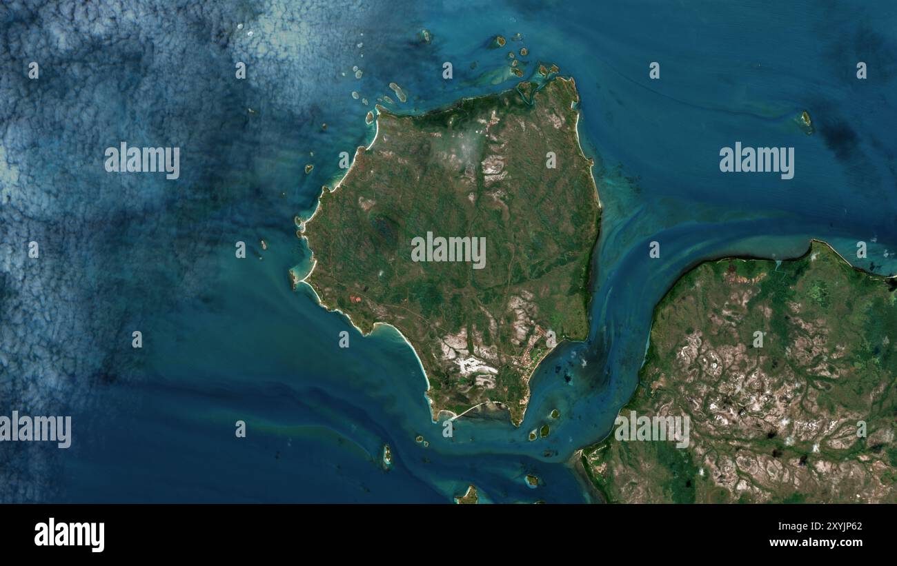 Badu Island in the Coral Sea on a satellite image taken in July 1, 2020 ...