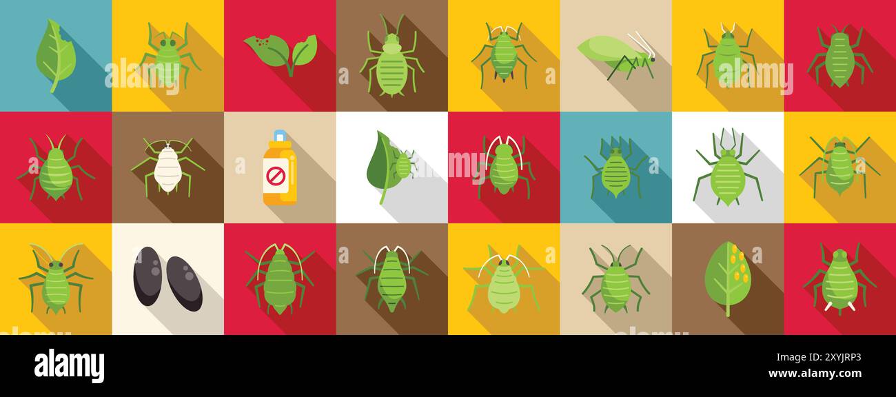 Aphid icons set. Colorful icon set featuring aphids in various life ...