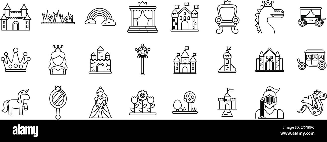 Fairytale princess castle icons set. Line art icon set including ...