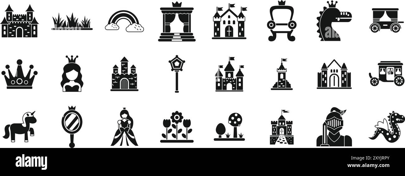 Fairytale princess castle icons set. This set of icons is representing ...