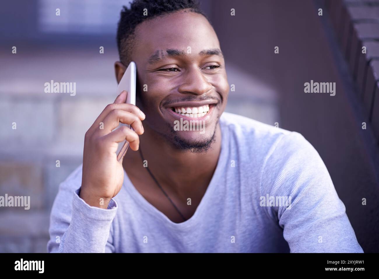 Black man, phone call and smile in city for talking, networking and ...