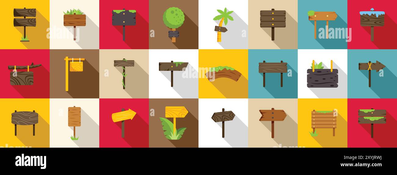 Forest wooden signboard icons set. Set of various wooden signposts ...