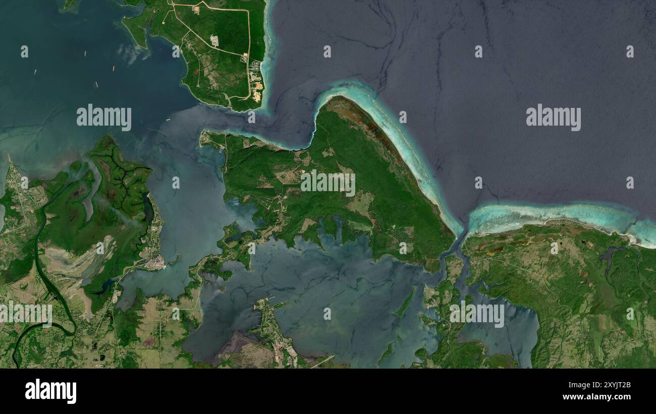 Cayo Saetia Island in the North Atlantic Ocean on a satellite image ...