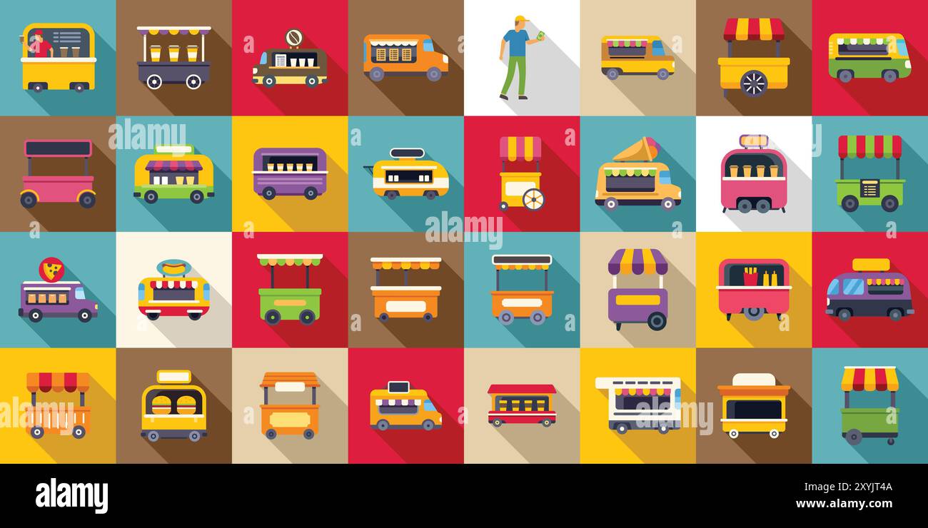 Cafe wheels icons set. Colorful icons depicting various food trucks and ...