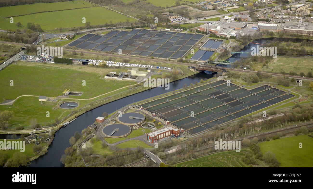An aerial view of a large waste water treatment works at Cooper Bridge ...