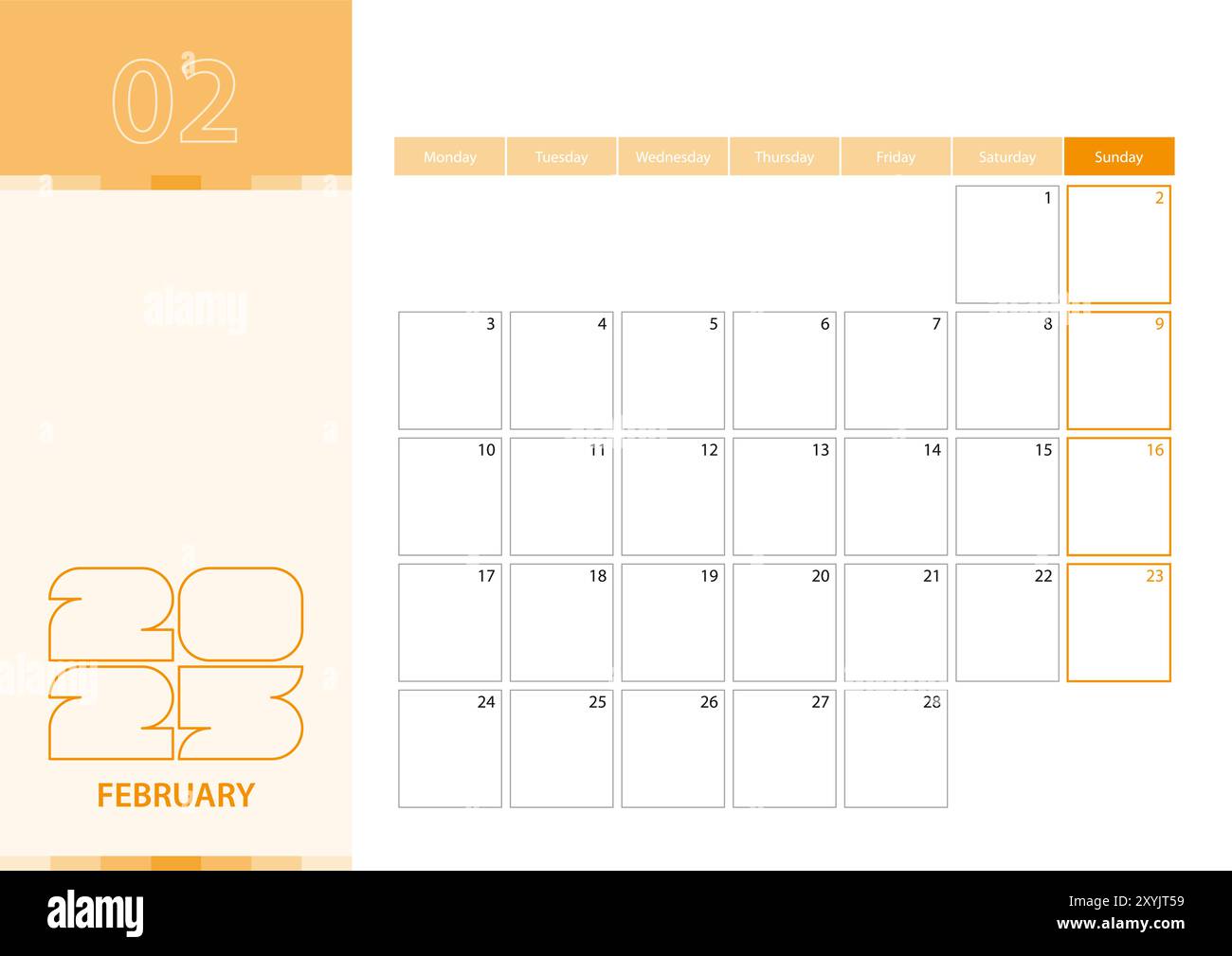 Horizontal planner for February 2025 in the orange color scheme. The ...