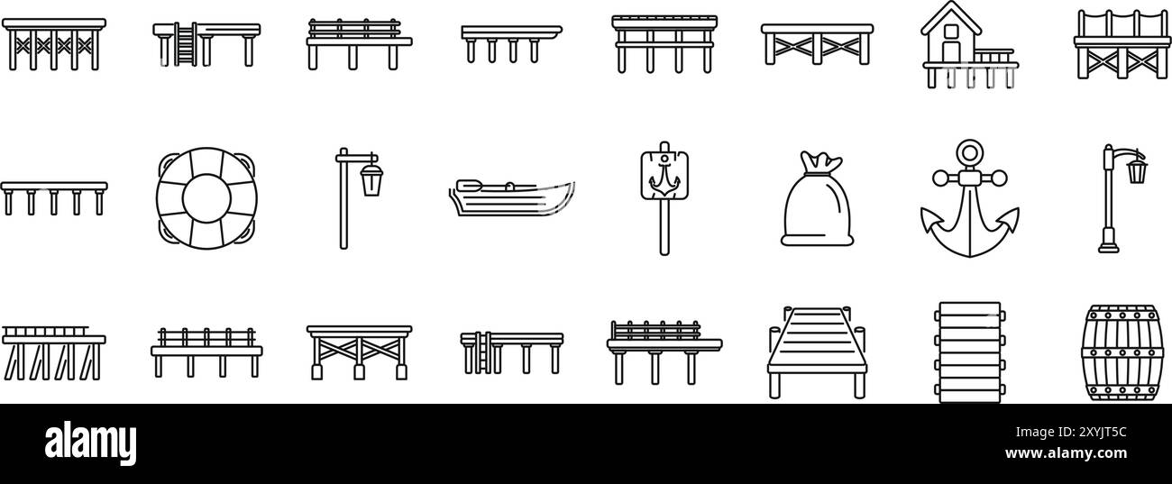 Wooden pier icons set. Set of different piers for fishing and ...