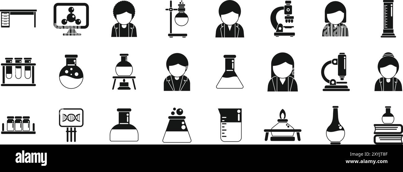 Student university laboratory icons set. This set of icons features scientists conducting ...
